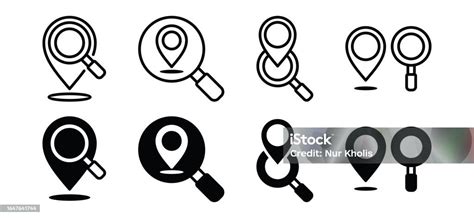 로컬 Seo 아이콘이 설정되었습니다 지도 핀 위치 장소 마커 포인터 가는 선과 평면 스타일의 돋보기 아이콘 기호가 있는 Gps 벡터 그림 0명에 대한 스톡 벡터 아트 및