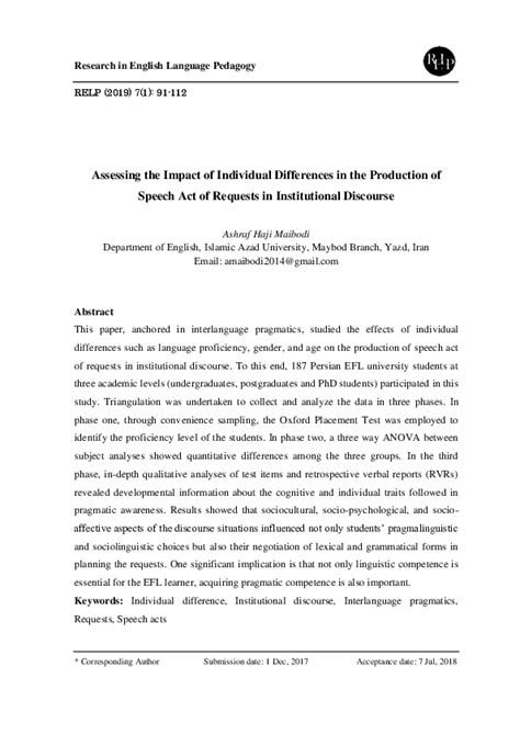 Pdf Assessing The Impact Of Individual Differences In The Production Of Speech Act Of Requests