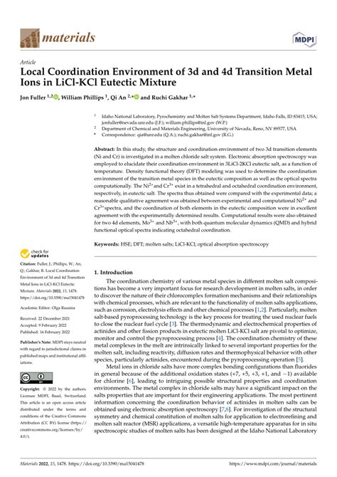 Pdf Local Coordination Environment Of 3d And 4d Transition Metal Ions In Licl Kcl Eutectic Mixture