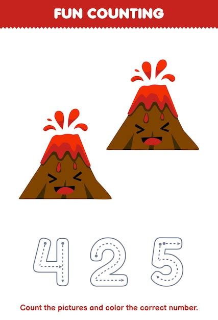 아이들을 위한 교육 게임은 귀여운 만화 화산 인쇄 가능한 자연 워크시트에서 그림을 세고 정확한 숫자를 색칠합니다 프리미엄 벡터