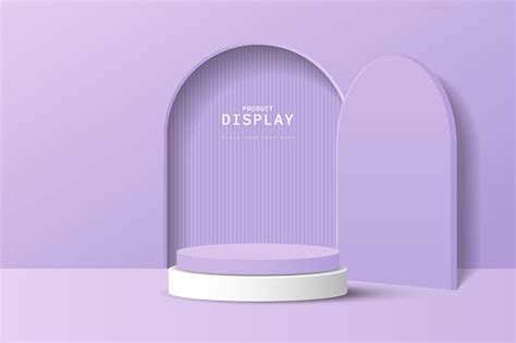최소한의 장면 3d 배경 제품 디스플레이 연단 아치 문 모양의 수직 패턴이 있는 사실적인 보라색과 흰색 3d 실린더 연단 받침대