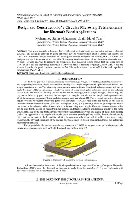 Pdf Design And Construction Of A Circular Microstrip Patch Antenna For Bluetooth Band Applications