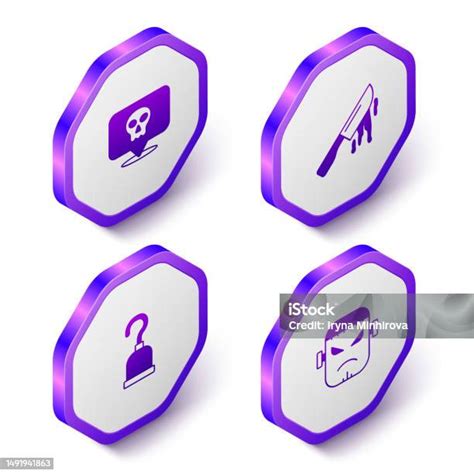 아이소메트릭 해골 피 묻은 칼 해적 갈고리 및 프랑켄슈타인 얼굴 아이콘을 설정합니다 보라색 육각형 버튼 벡터 3차원 형태에 대한 스톡 벡터 아트 및 기타 이미지 Istock