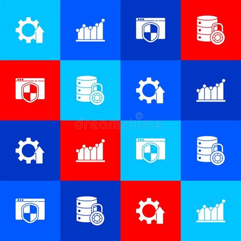 Set Arrow Growth Gear Pie Chart Infographic Browser With Shield And Server Security Lock Icon
