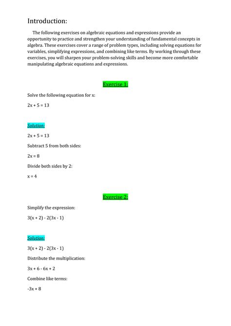 Solution Mastering Algebraic Equations And Expressions 20 Exercises And Solutions For Success