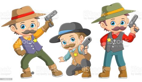 총을 들고 포즈를 취하는 세 명의 일란성 쌍둥이 카우보이 개척시대의 서부에 대한 스톡 벡터 아트 및 기타 이미지 개척시대의
