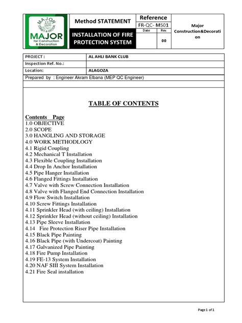 3 1method Statment For Installation Of Fire Protection System Final Pdf Pipe Fluid