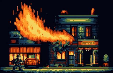Free Photo 8 Bit Graphics Pixels Scene With House On Fire