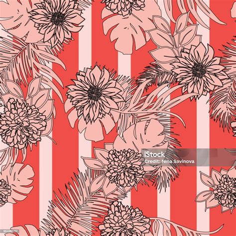 밝고 화려한 손으로 그린 하와이 열 대 이국적인 잎 과일 및 꽃 복고풍 디자인 완벽 한 패턴 벡터 반복에 대한 스톡 벡터 아트