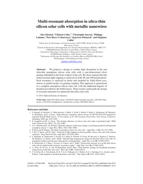 Pdf Multi Resonant Absorption In Ultra Thin Silicon Solar Cells With Metallic Nanowires