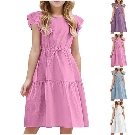 Sentmoon Linen Dress Crew Neck Girls Maxi Dress Short Sleeve Solid