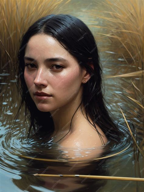 Primer Retrato De Una Hermosa Mujer Bañándose En Un Río Foto Premium