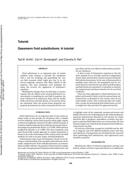 Gassmann Tutorial Geophysics Journal Geophysics Vol 68 No 2
