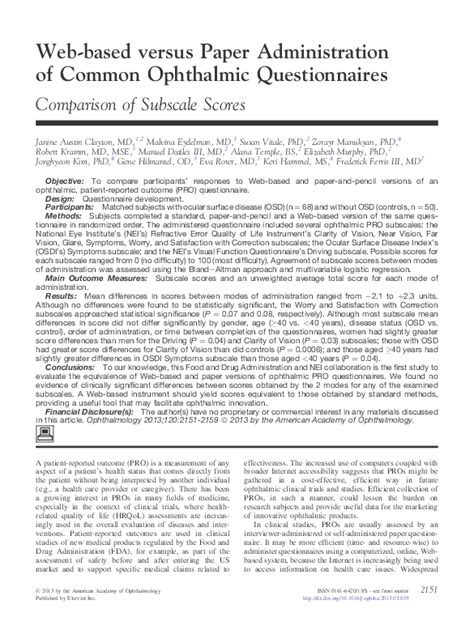 Pdf Web Based Versus Paper Administration Of Common Ophthalmic Questionnaires Comparison Of