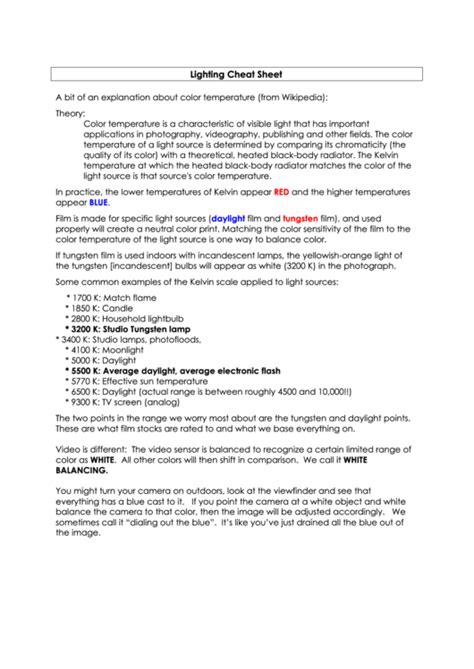 Lighting Cheat Sheet Printable Pdf Download