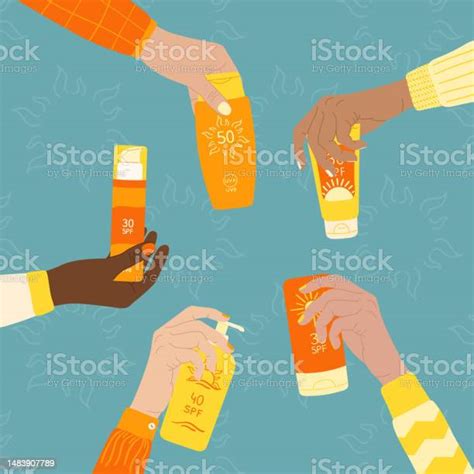 다양한 여성의 손이 자외선 차단제 제품을 들고 있습니다 Spf 보호 및 태양 안전 개념 자외선 차단제 병 크림 로션 세트 손으로