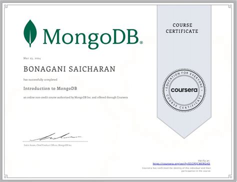 Saicharan Bonagani On Linkedin Mongodb Datamanagement Certification Coursera