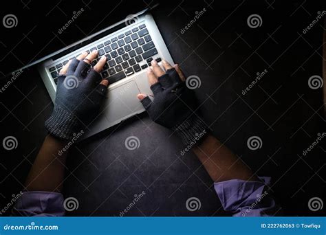 Hacker Hand Stealing Data From Laptop Top Down Stock Image Image Of Desk Electronic 222762063