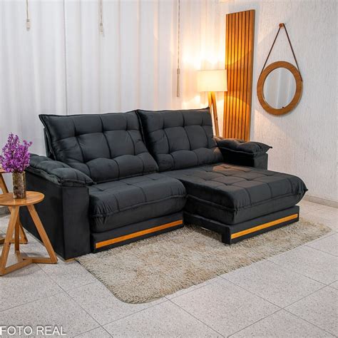 Sofá Retrátil Reclinável Barcelona 2 50m Veludo Preto 322 D33 E Molas Ensacadas