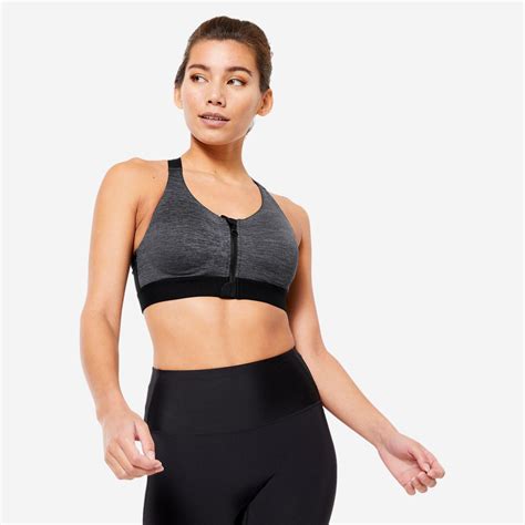 Womens High Support Zip Up Sports Bra With Cups 920 Smoked Black