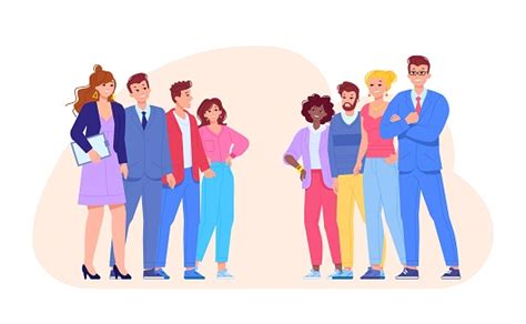 팀 반대 팀 경쟁 비즈니스 상대 사람들 리더 작업 도전 개념이 있는 기업 전투 전쟁 직원 경쟁 그룹 작업 벡터 일러스트레이션