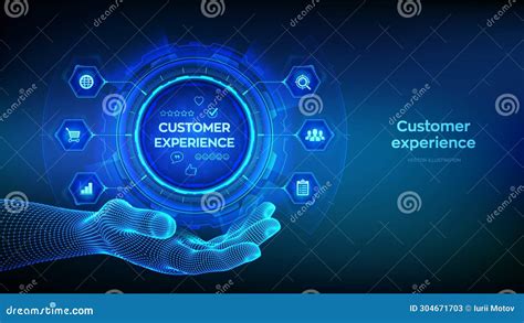 Customer Experience Technology Concept In Wireframe Hand Customer Satisfaction Survey Stock