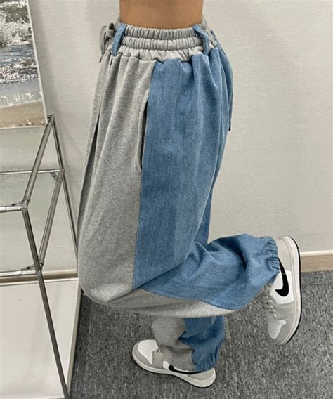 고퀄원단늘어짐x 하이웨스트 와이드 배색 데님 조거팬츠 밴딩 데님 바지 에이블리