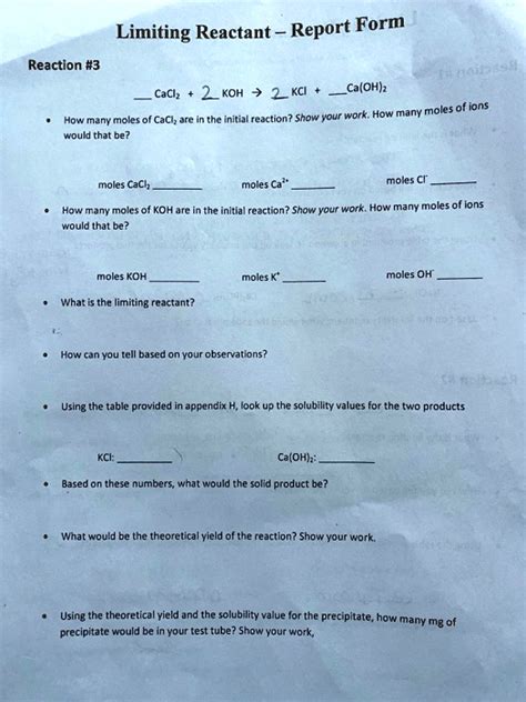 solved limiting reactant report form reaction 3 caclz koh 2kci ca