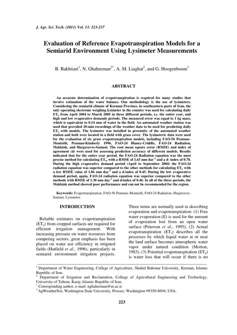 Pdf Evaluation Of Reference Evapotranspiration Models For A Semiarid Environment Using