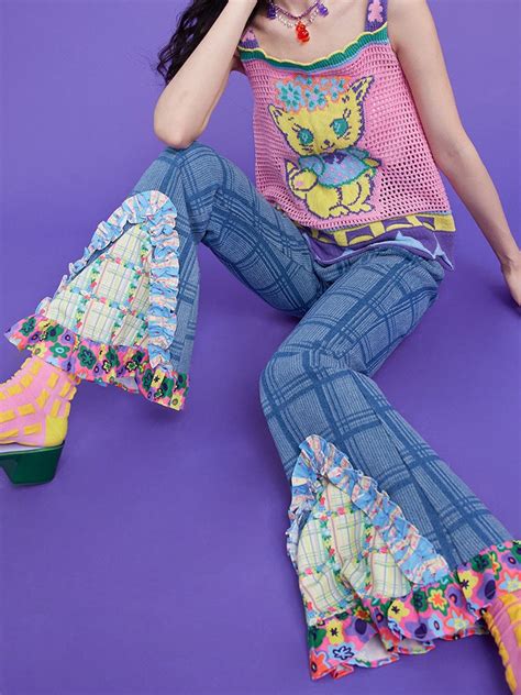 Plaid Stretch Print Flared Jeans Tntntutu Arcana Archive