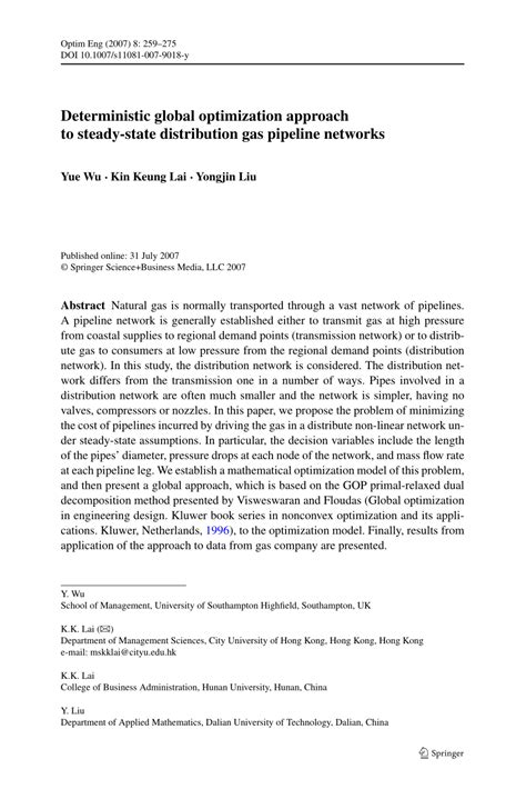 Pdf Deterministic Global Optimization Approach To Steady State Distribution Gas Pipeline Networks