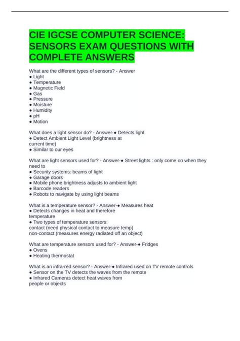 Cie Igcse Computer Science Sensors Exam Questions With Complete Answers Igcse Cie Computer