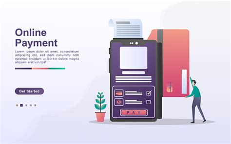 온라인 지불 개념 벡터 그림입니다 모바일 결제 또는 송금 개념 작은 사람 캐릭터와 전자 상거래 시장 쇼핑 온라인 일러스트 방문 페이지 배너 Ui에 대한 템플릿입니다