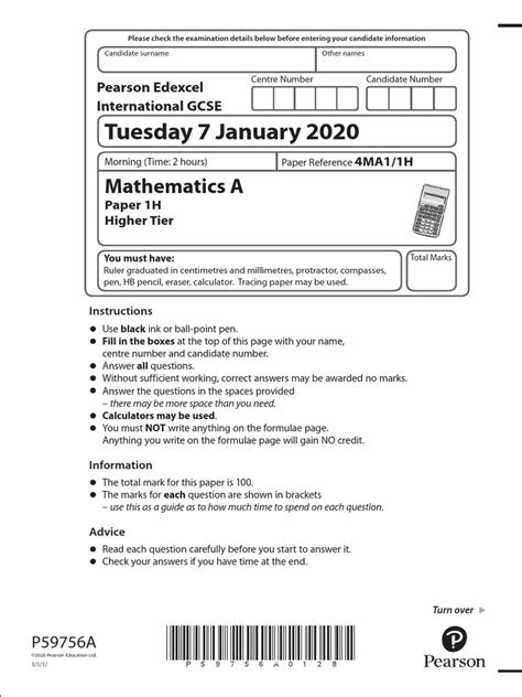 Edexcel Igcse Higher January 2020 Paper 1h Pdf Sine Area