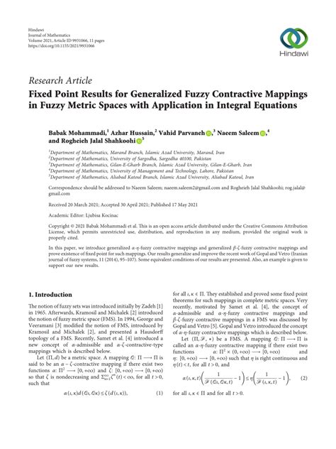 Pdf Fixed Point Results For Generalized Fuzzy Contractive Mappings In Fuzzy Metric Spaces With