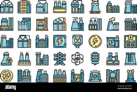 Nuclear Power Station Icons Set Outline Vector Power Energy Nuclear Atom Color Line On White
