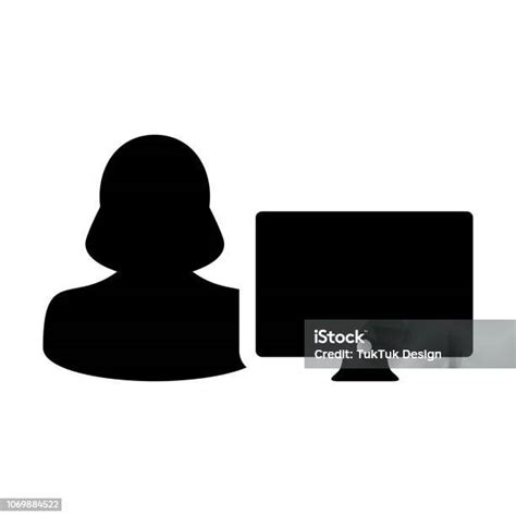 작업자 아이콘 벡터 여성 사람 사용자 컴퓨터 모니터 화면 아바타 문양 그림 기호에서 평면 색상 감독에 대한 스톡 벡터 아트 및 기타 이미지 Istock