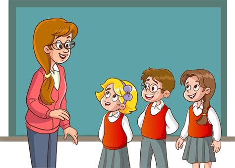 교실 그림에서 학생을 가르치는 교사 프리미엄 벡터