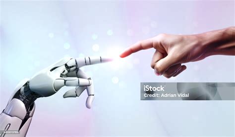 Ai 인간에 의한 인공 지능 창조 로봇과 인간의 손이 만지고 연결되며 인간과 Ai 개념 기계 학습 및 미래 기술 배경과의 단결 사람들에 대한 스톡 사진 및 기타 이미지