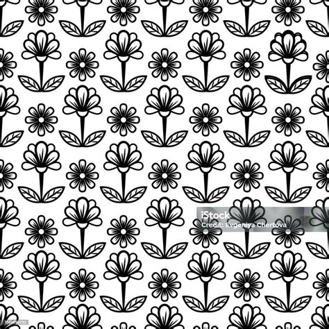 플로럴 라인 원활한 패턴 흑백 드로잉 흑백 개화 색칠 스케치 배경 잎줄기에 귀여운 꽃 봉오리 패브릭 디자인 벽지 벡터 일러스트레이션 검은색에 대한 스톡 벡터 아트 및 기타