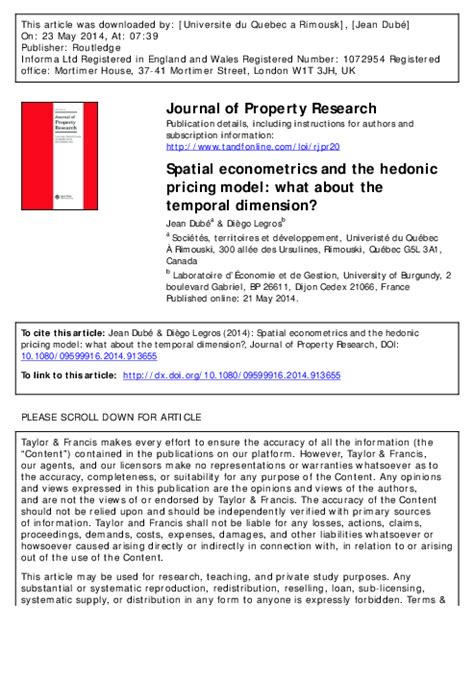 Pdf Spatial Econometrics And The Hedonic Pricing Model What About The Temporal Dimension