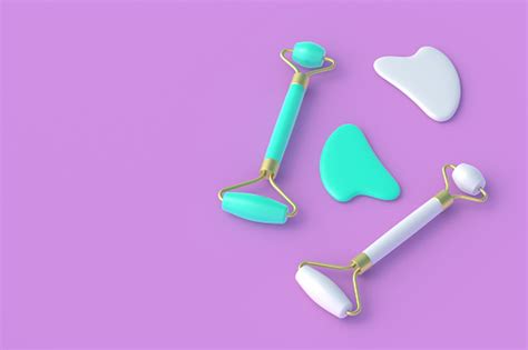 얼굴 마사지 롤러와 괄사 돌 얼굴과 웰빙을 들어 올리십시오 화장품 액세서리 얼굴 피부 관리 평면도 공간을 복사합니다 3d 렌더링 3차원 형태에 대한 스톡 사진 및 기타