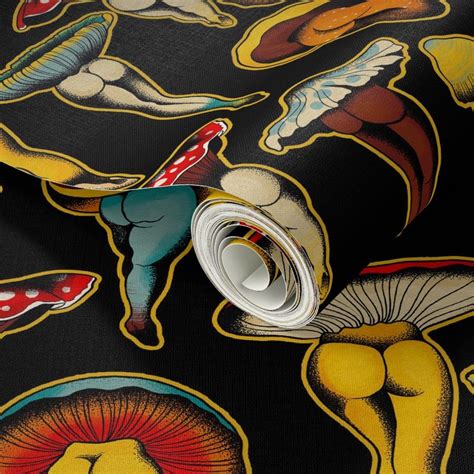 Sexy Mushrooms Black Background Wallpaper Spoonflower
