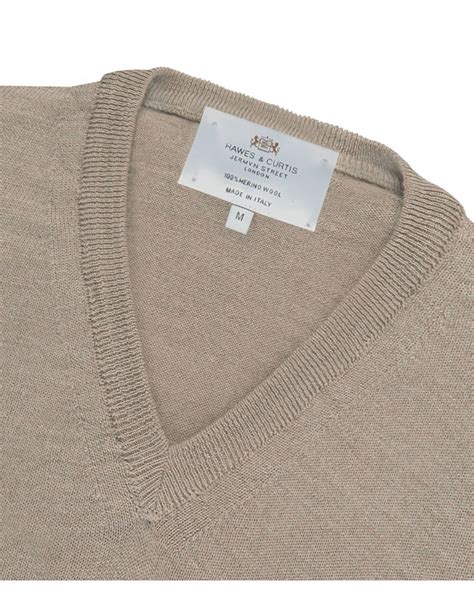 Mens Beige V Neck Slim Fit Merino Wool Sweater Hawes And Curtis