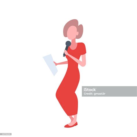 사업가 마이크와 종이 문서 여성 스피커 사업 보고서 회의 회의 아나운서 개념 캐릭터 전체 길이 플랫 절연 읽기를 들고 개념에 대한 스톡 벡터 아트 및 기타 이미지 Istock