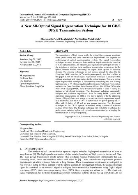 Pdf A New All Optical Signal Regeneration Technique For 10 Gbs Dpsk Transmission System