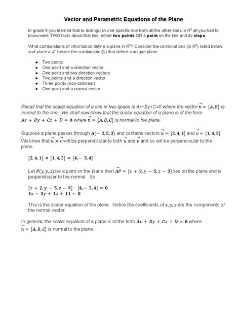 06a Vector And Parametric Equations Of The Plane Lesson Vector And Parametric Equations Of