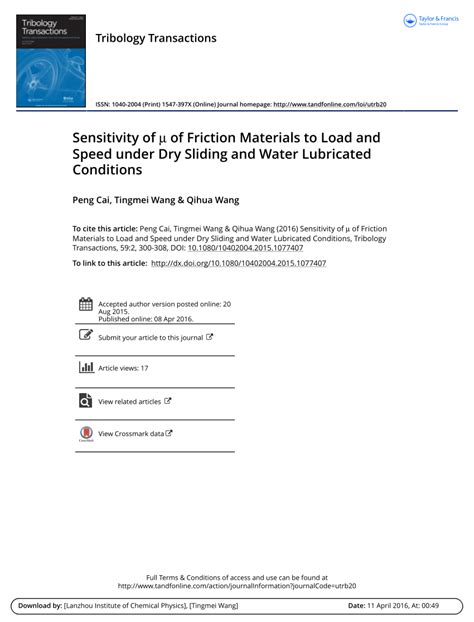 Pdf Sensitivity Of μ Of Friction Materials To Load And Speed Under Dry Sliding And Water