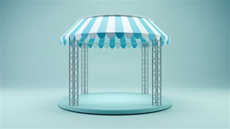 파스텔 색 배경에 줄무늬 천막이 있는 빈 달콤한 키오스크 상점 또는 빈 디스플레이 상점의 3d 렌더링 0명에 대한 스톡 사진 및