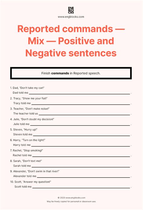 Reported Commands Mix Positive And Negative Sentences Esl Worksheets